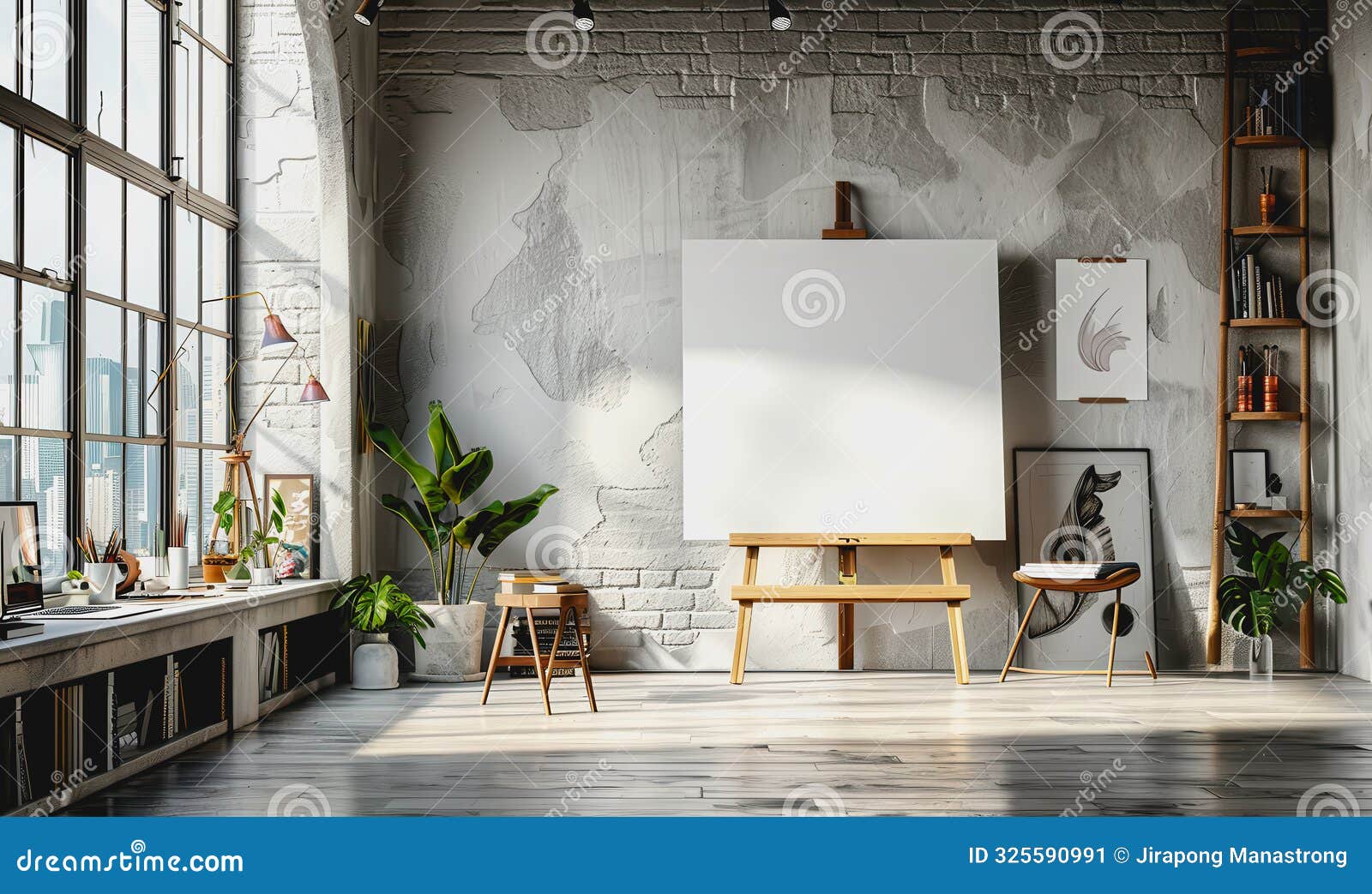 Clean Art Studio with Blank Easel, White Brick Wall, Natural Light ...