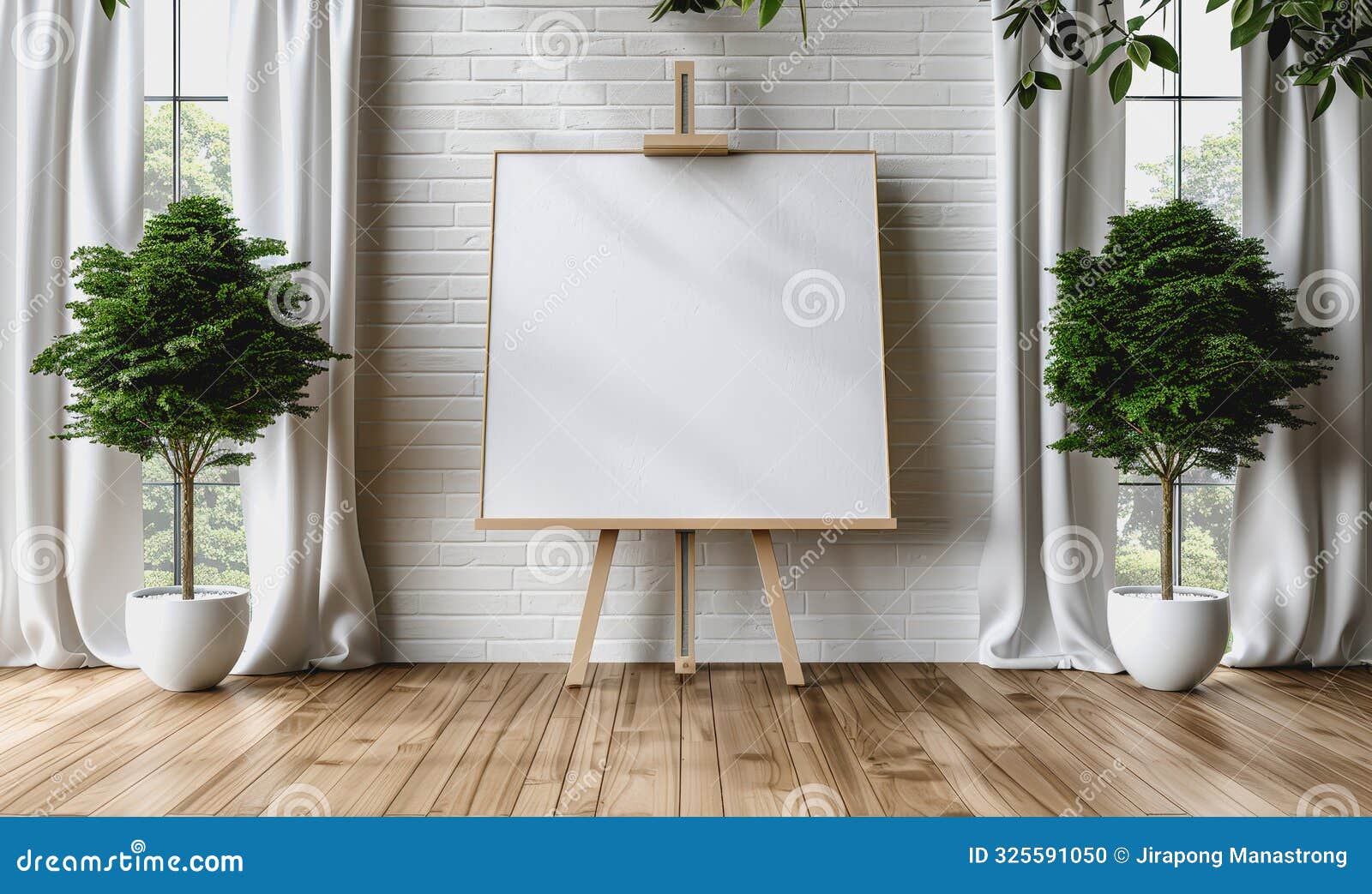 Clean Art Studio with Blank Easel, White Brick Wall, Natural Light ...