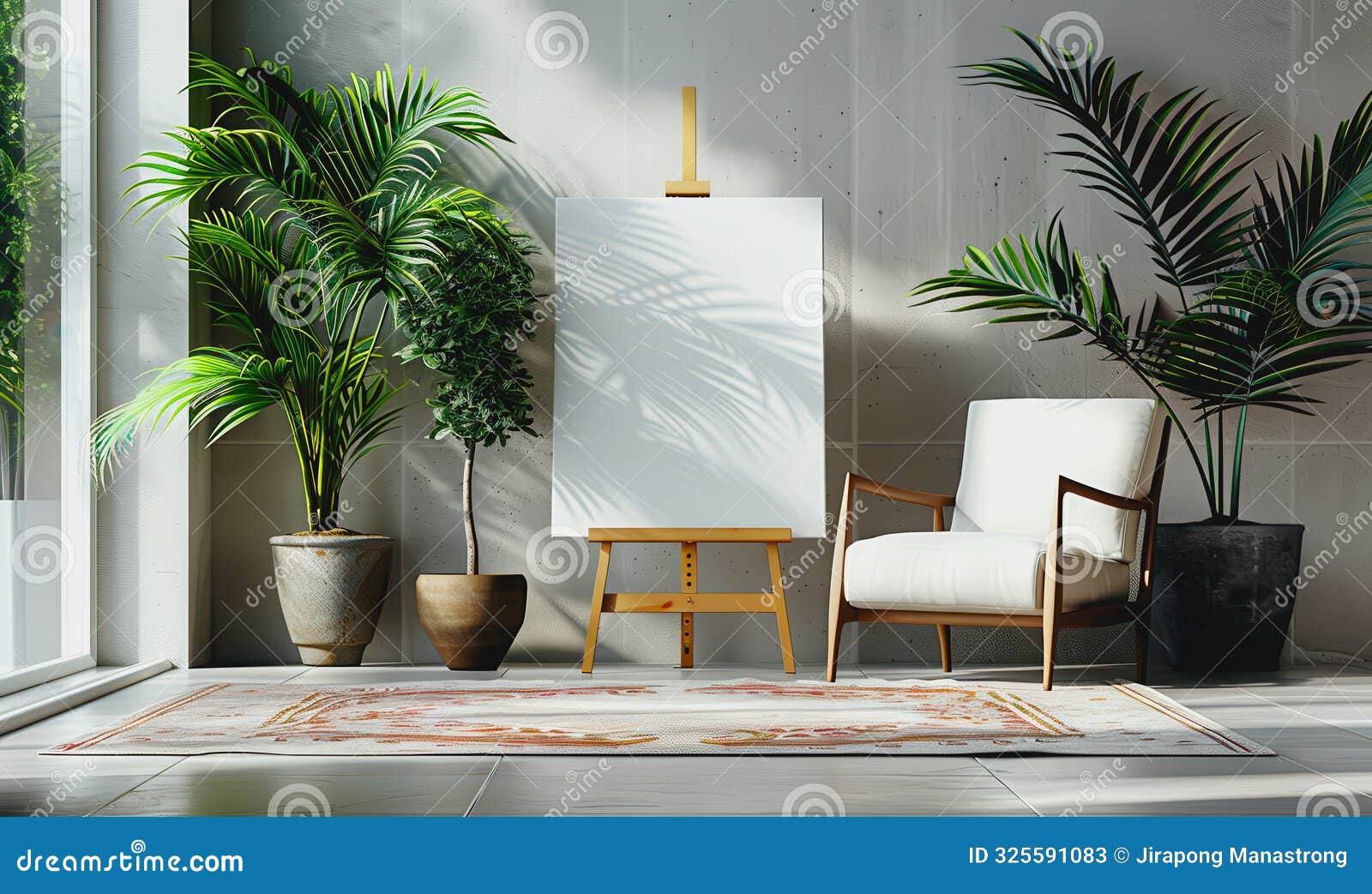 Clean Art Studio with Blank Easel, White Brick Wall, Natural Light ...