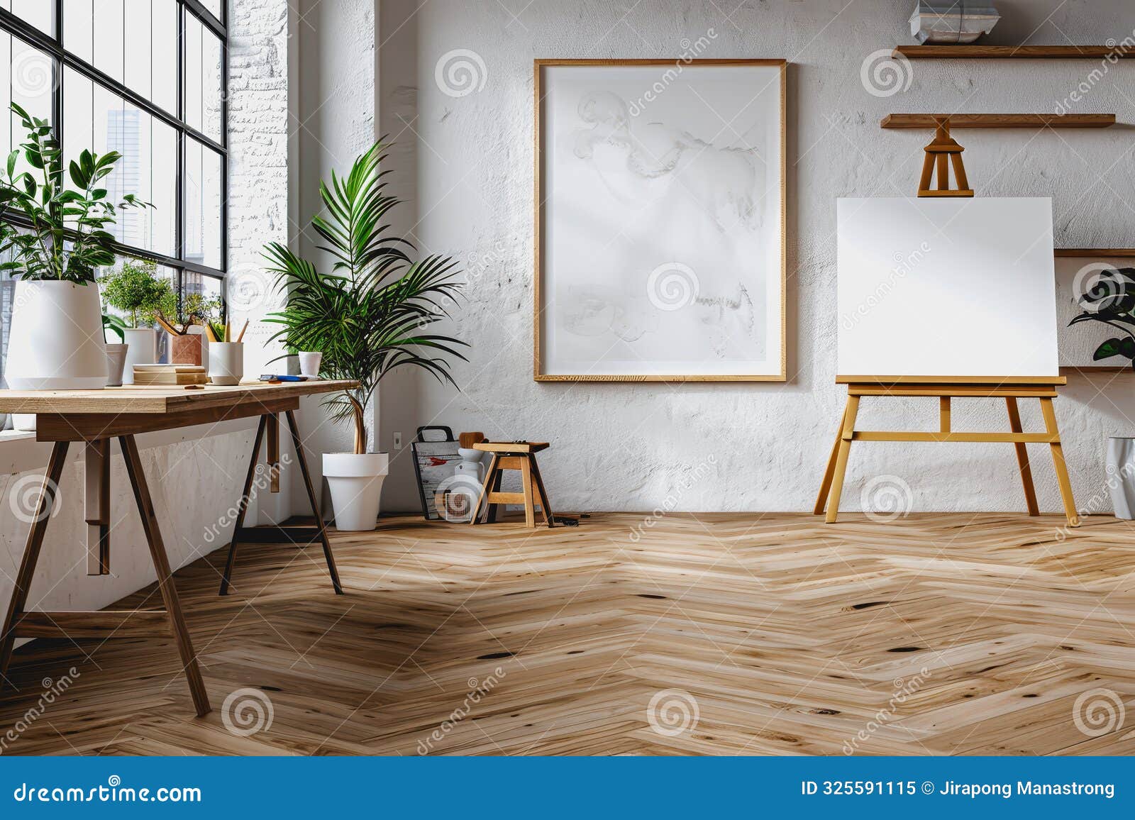 Clean Art Studio with Blank Easel, White Brick Wall, Natural Light ...