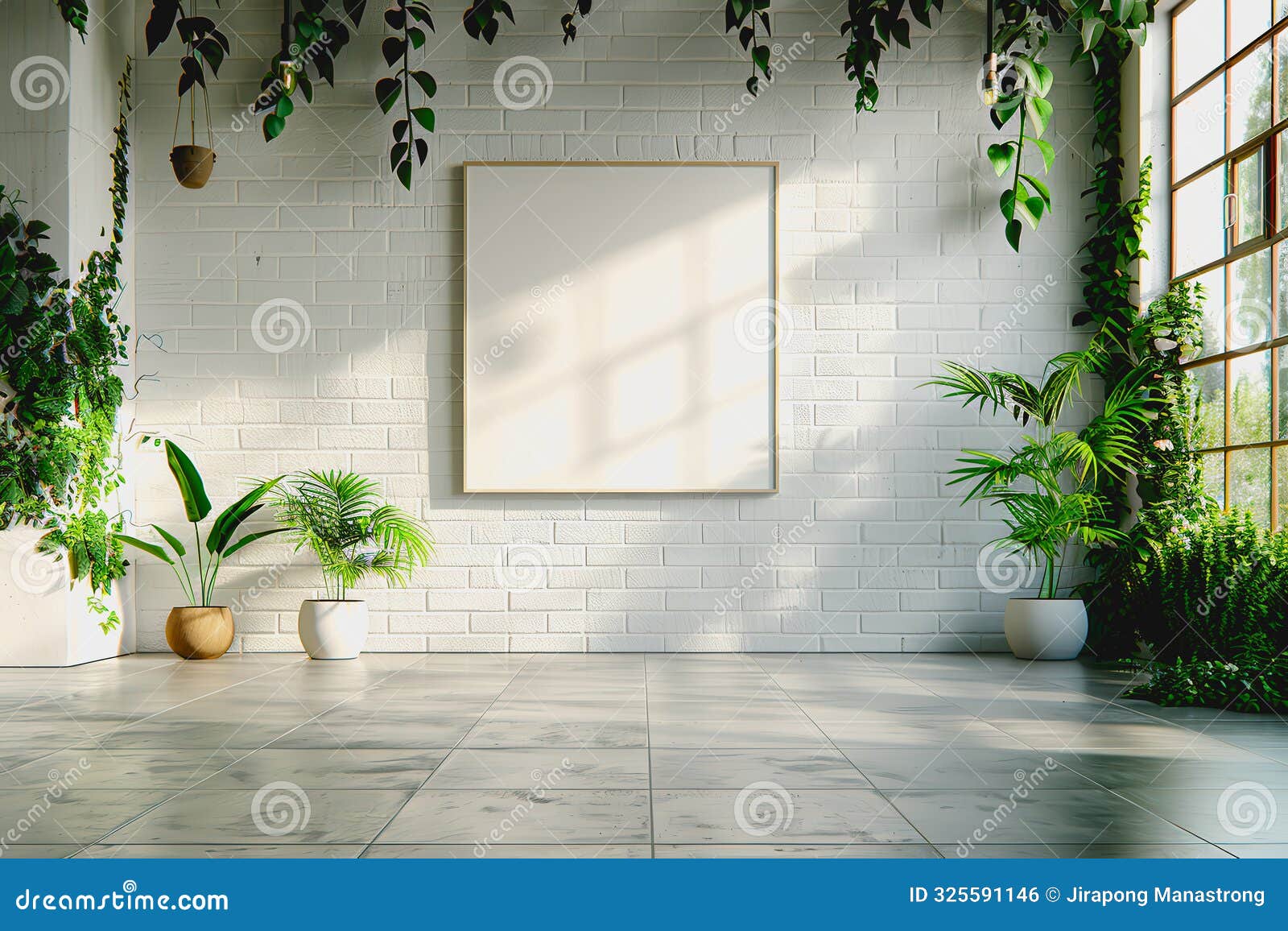 Clean Art Studio with Blank Easel, White Brick Wall, Natural Light ...