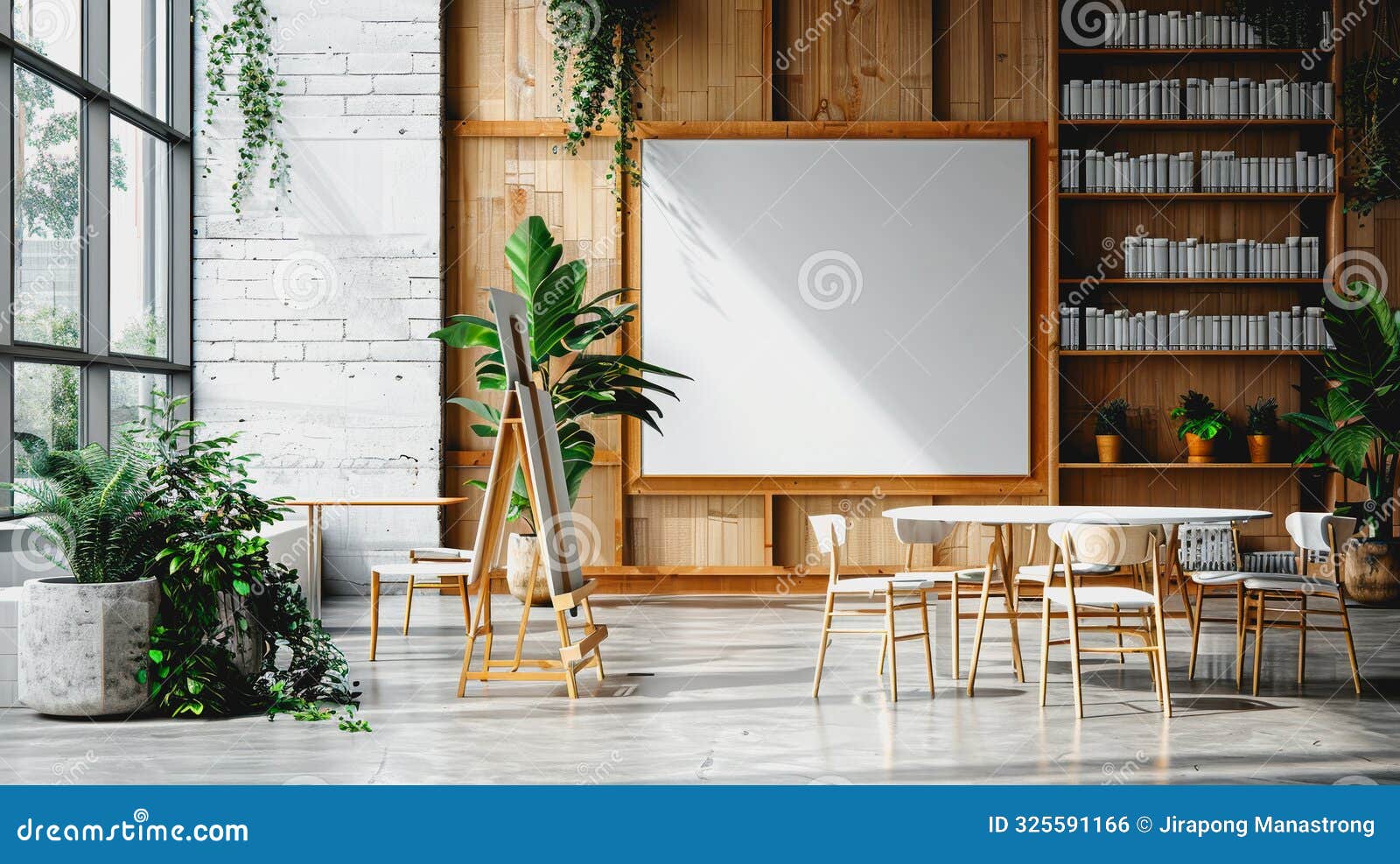 Clean Art Studio with Blank Easel, White Brick Wall, Natural Light ...