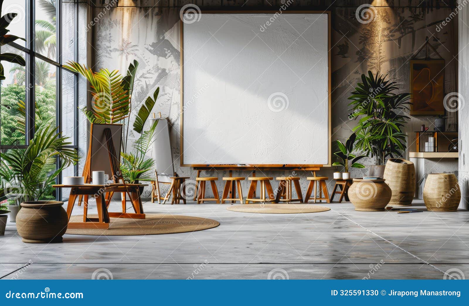 Clean Art Studio with Blank Easel, White Brick Wall, Natural Light ...