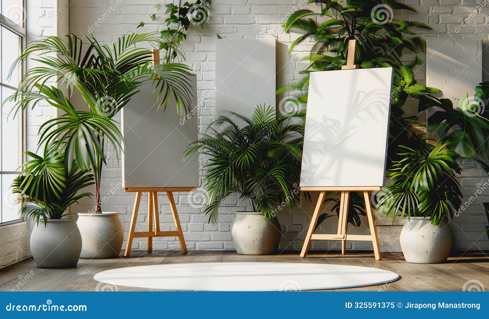 Clean Art Studio with Blank Easel, White Brick Wall, Natural Light ...