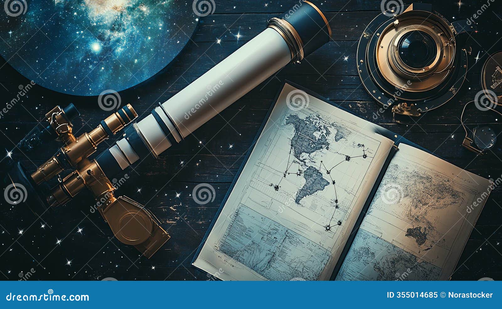 A Clean Astronomy Setup with a Telescope, Star Charts, and a Notebook ...