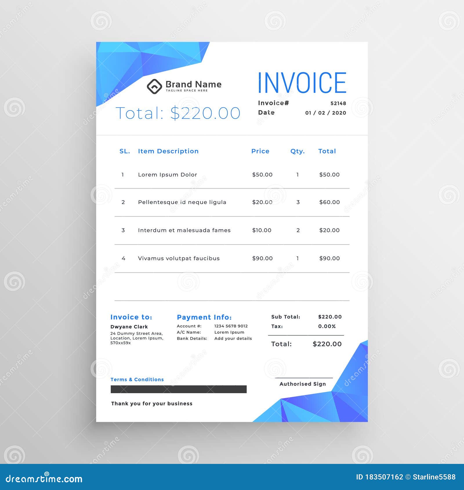 Clean Blue Abstract Low Poly Shapes Invoice Template Stock Vector ...