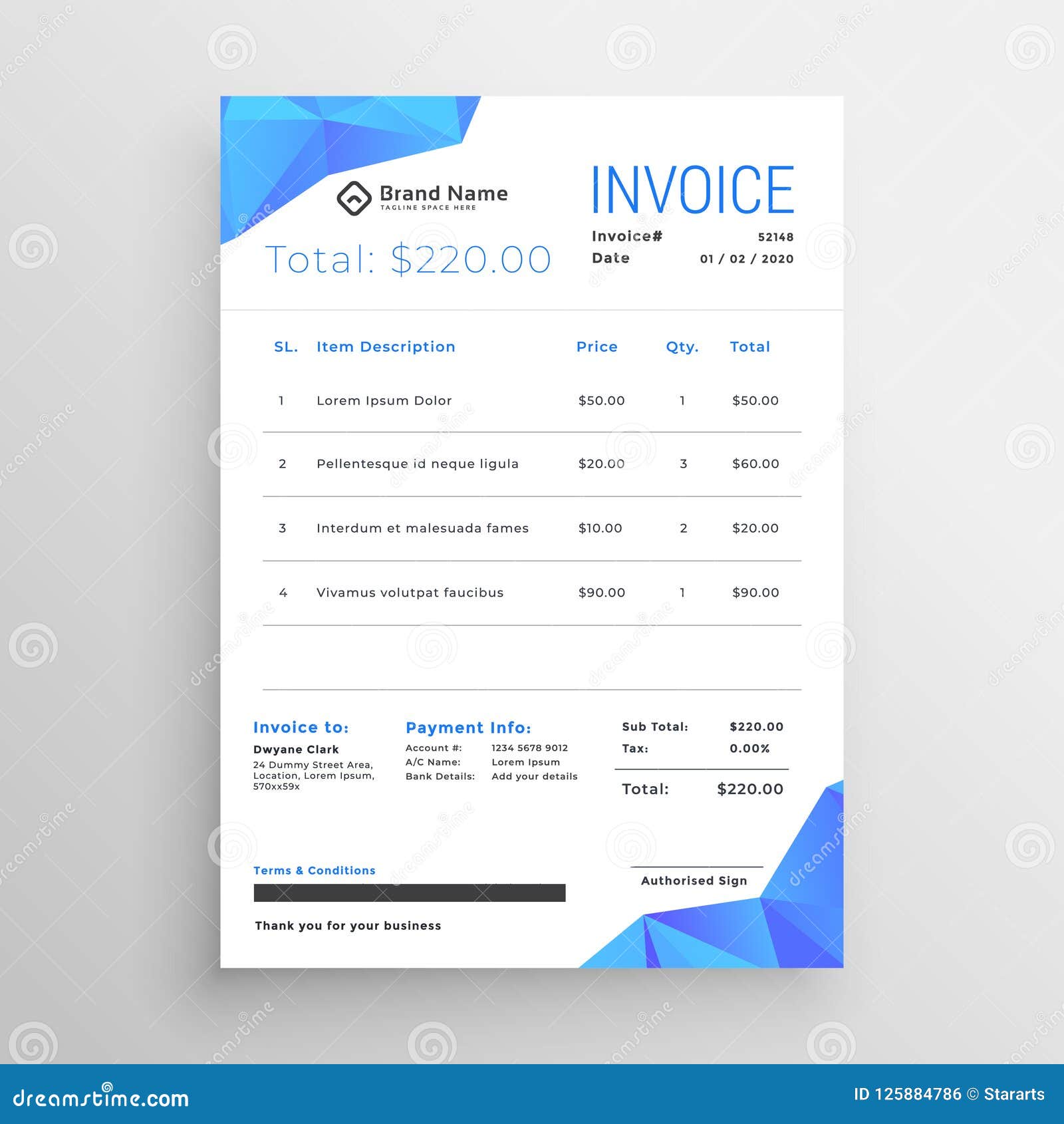 Clean Blue Abstract Low Poly Shapes Invoice Template Stock Vector ...