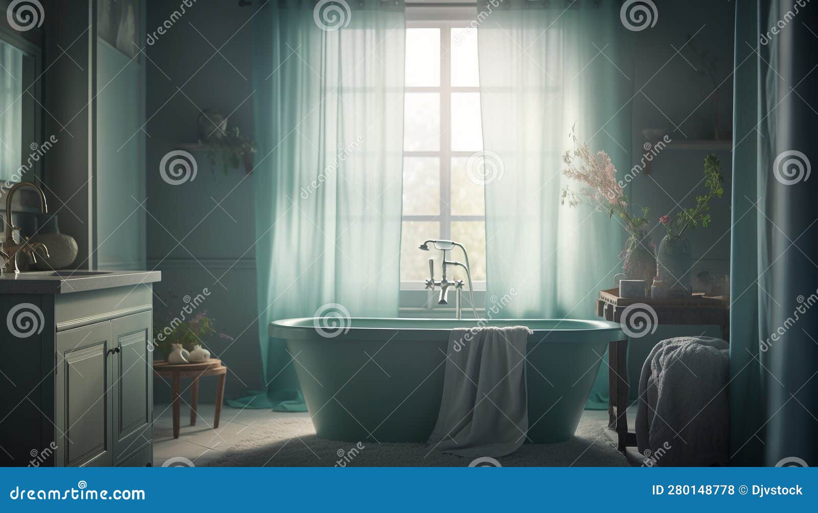 Clean Blue Bathroom with Wide Sink, Sparse Decor and Elegant Design ...