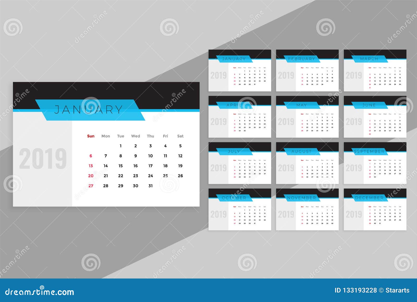 Clean Blue 2019 Calendar Template Stock Vector - Illustration of month ...
