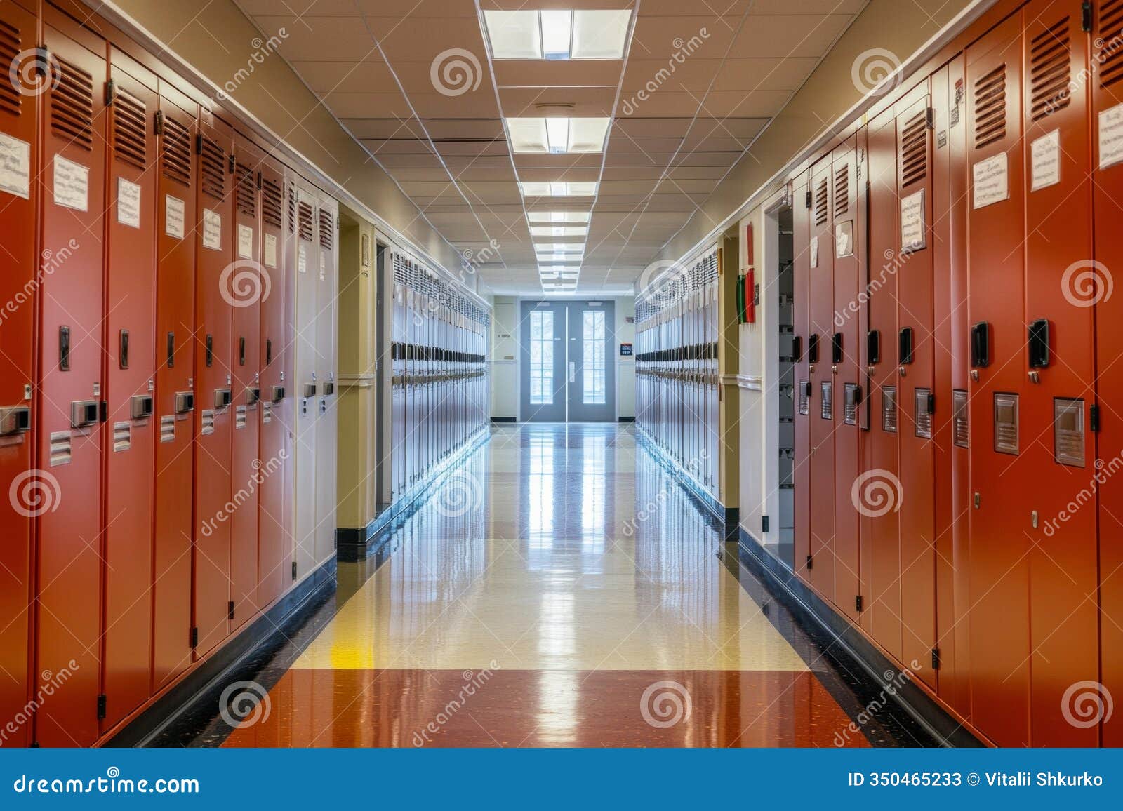 A Clean and Bright Hallway Features Rows of Orange Lockers on Both ...