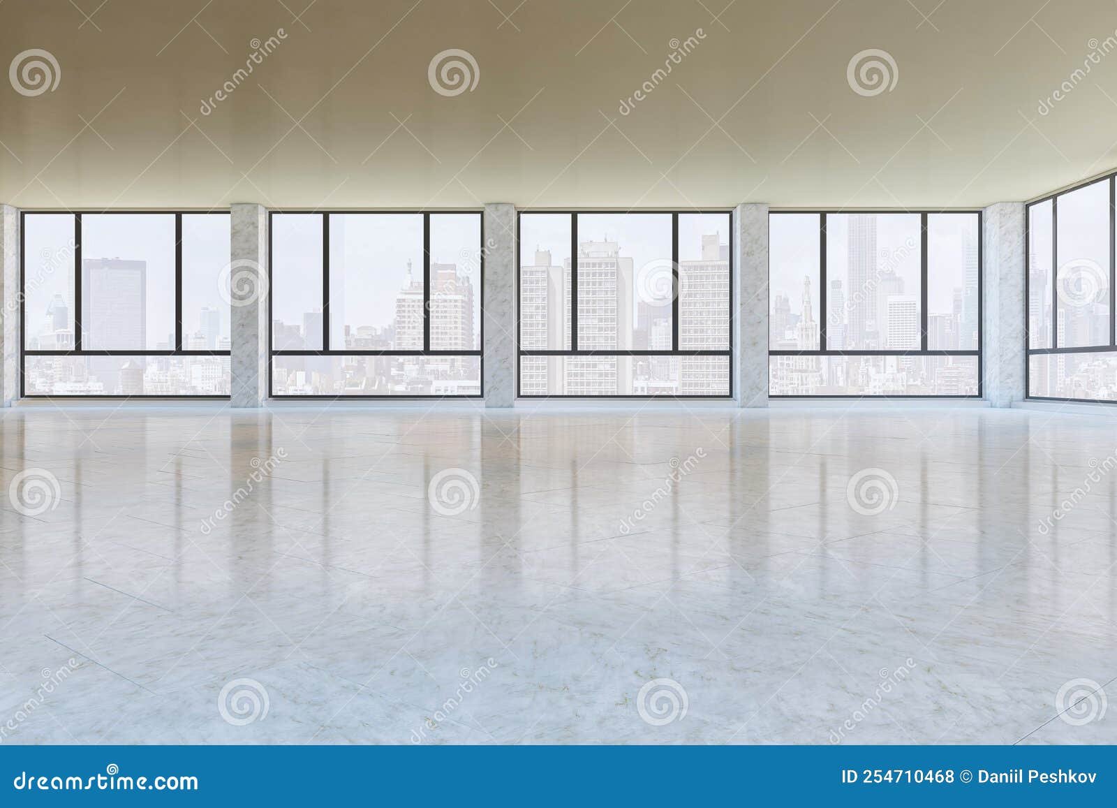 Clean Bright Room Interior with Panoramic Windows, Reflections and ...