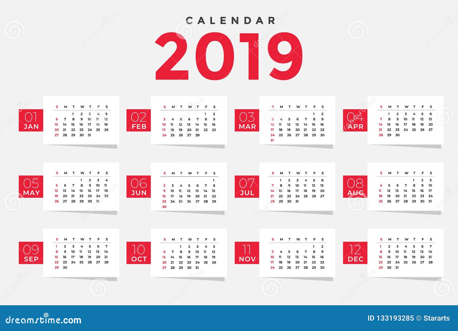 Clean 2019 Calendar Template Design Stock Vector - Illustration of ...