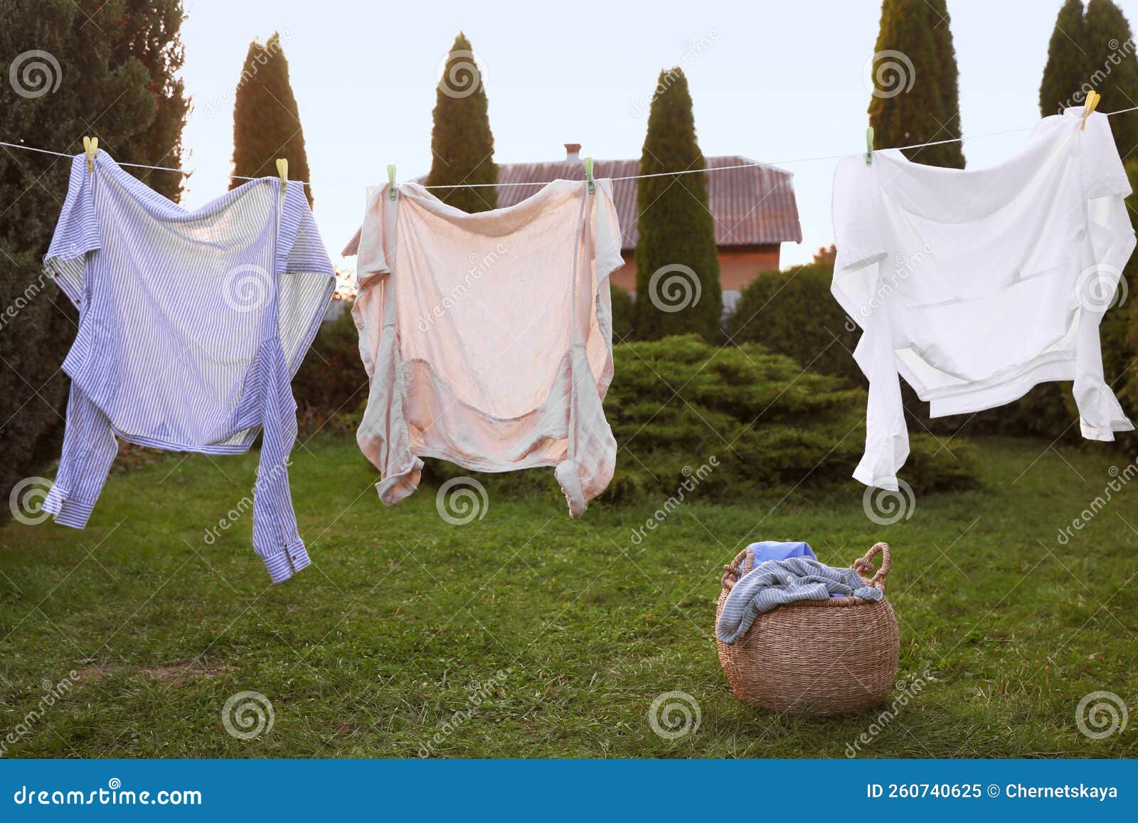 Clean Clothes Drying Near Wicker Bag in Backyard Stock Image - Image of ...