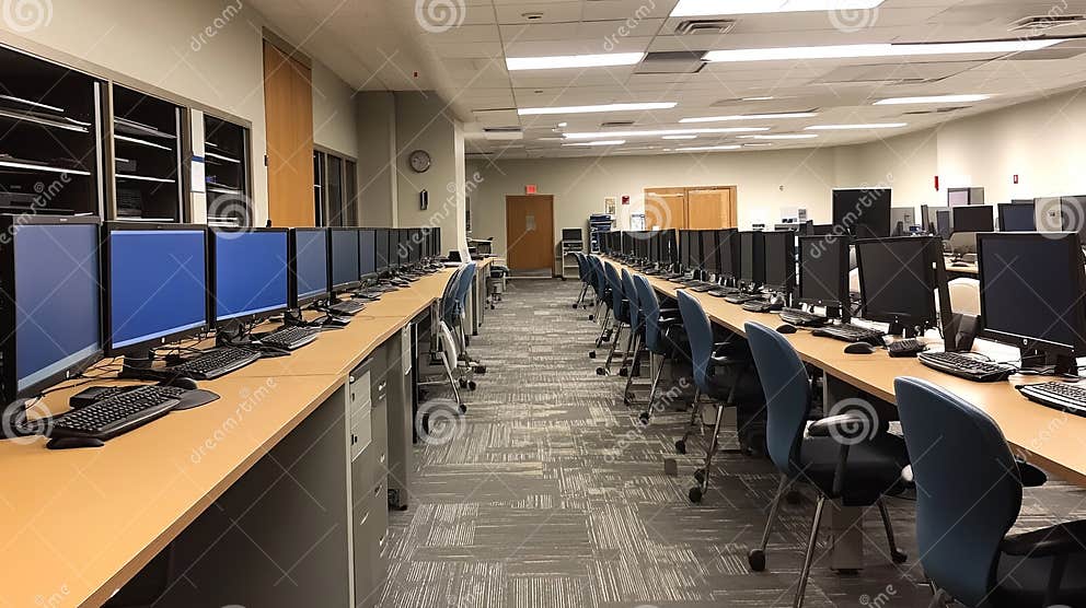 A Clean Computer Lab with Rows of Monitors and Ergonomic Chairs Stock ...
