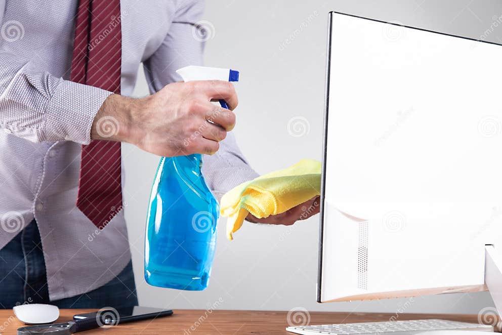 Clean the Computer Screen with a Rag Stock Photo - Image of cleanliness ...