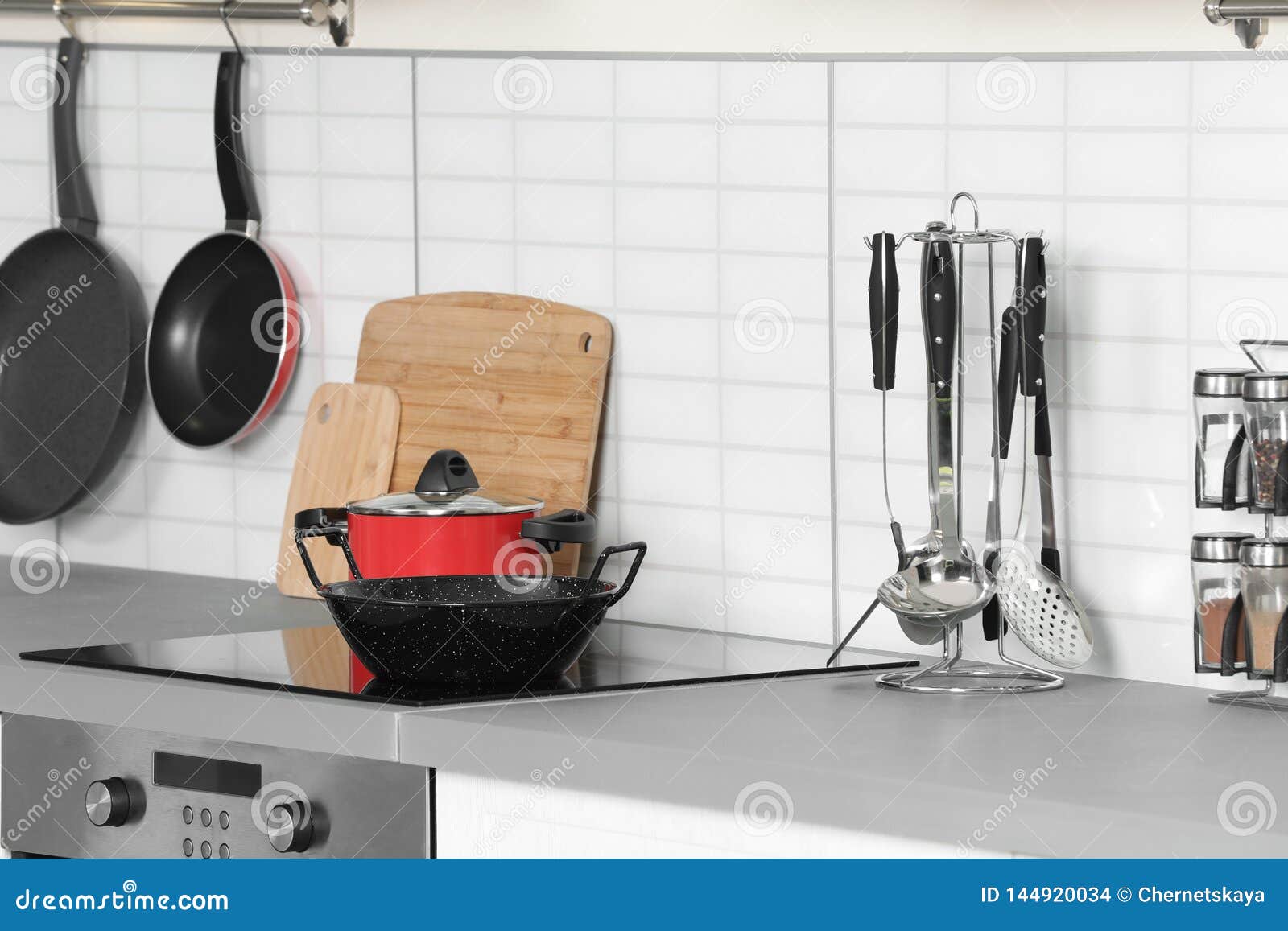Clean Cookware and Utensils in Modern Stock Photo - Image of frying ...