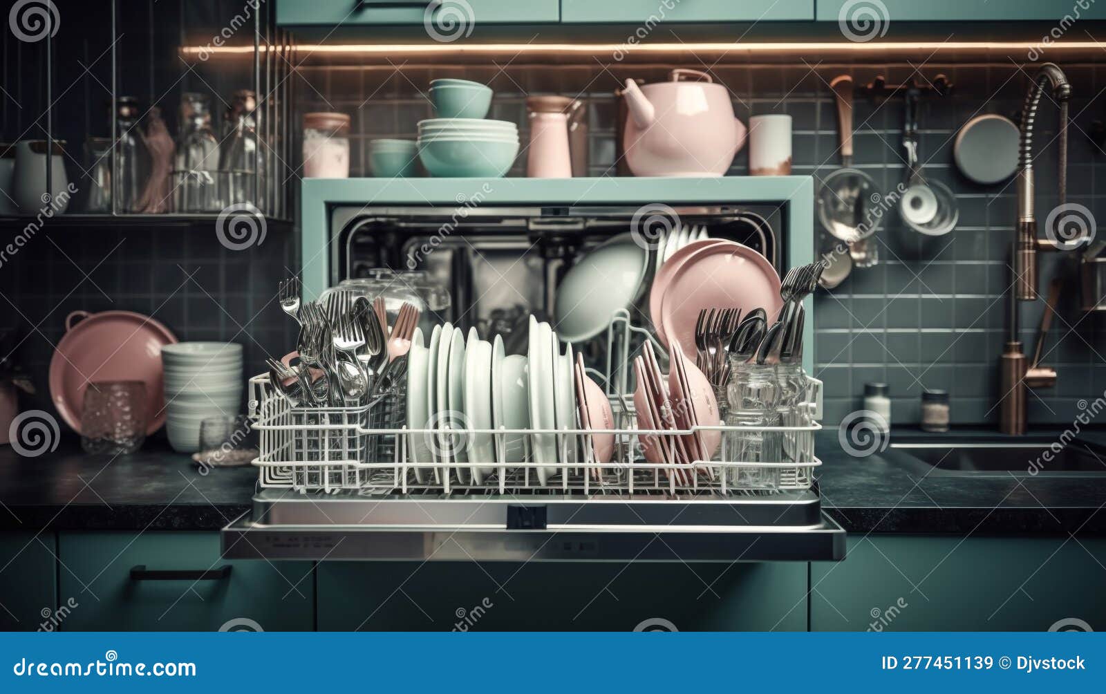 Clean Crockery and Silverware on Kitchen Shelf Generated by AI Stock ...