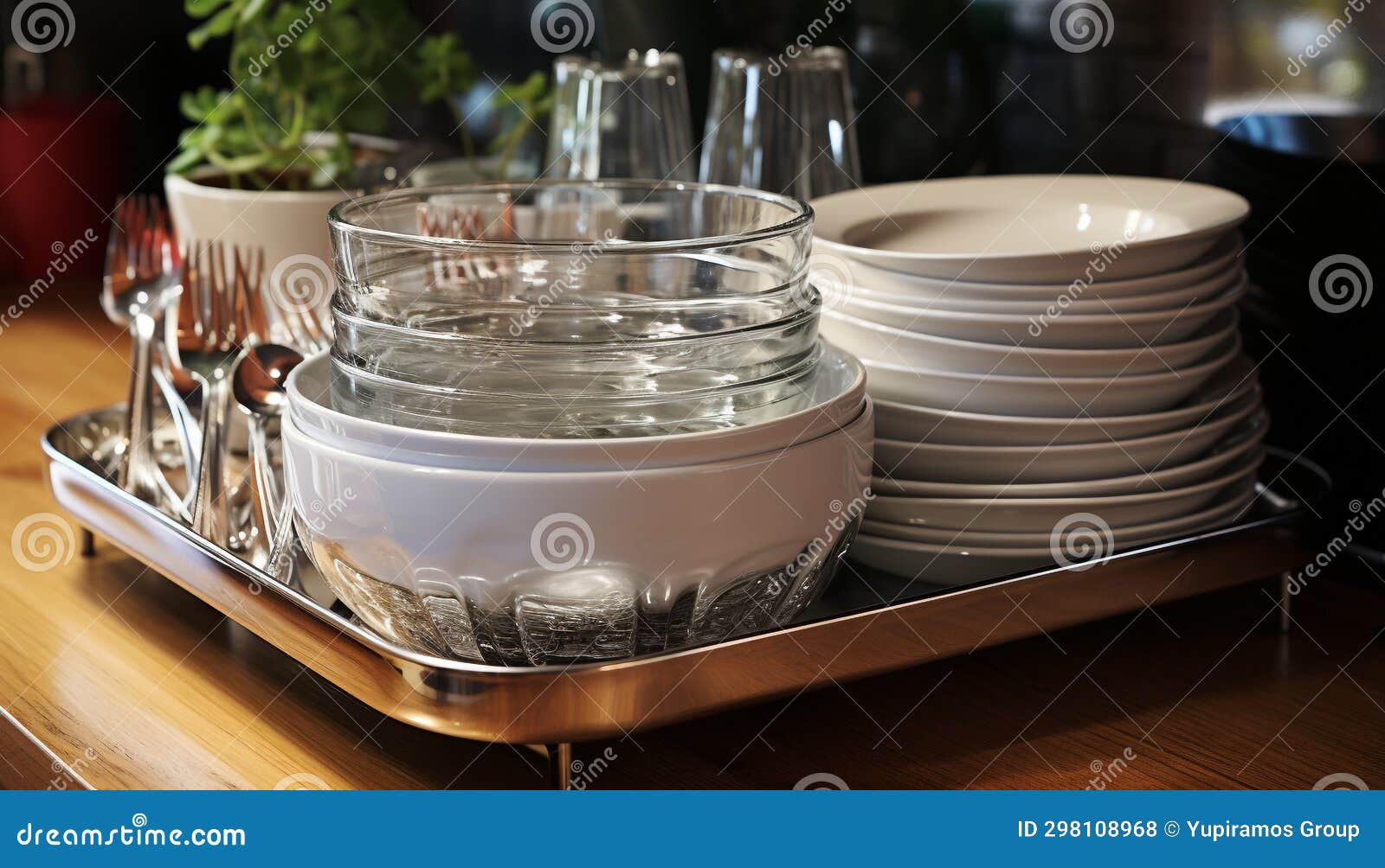 Clean Crockery and Silverware Stack on Shiny Kitchen Shelf Generated by ...