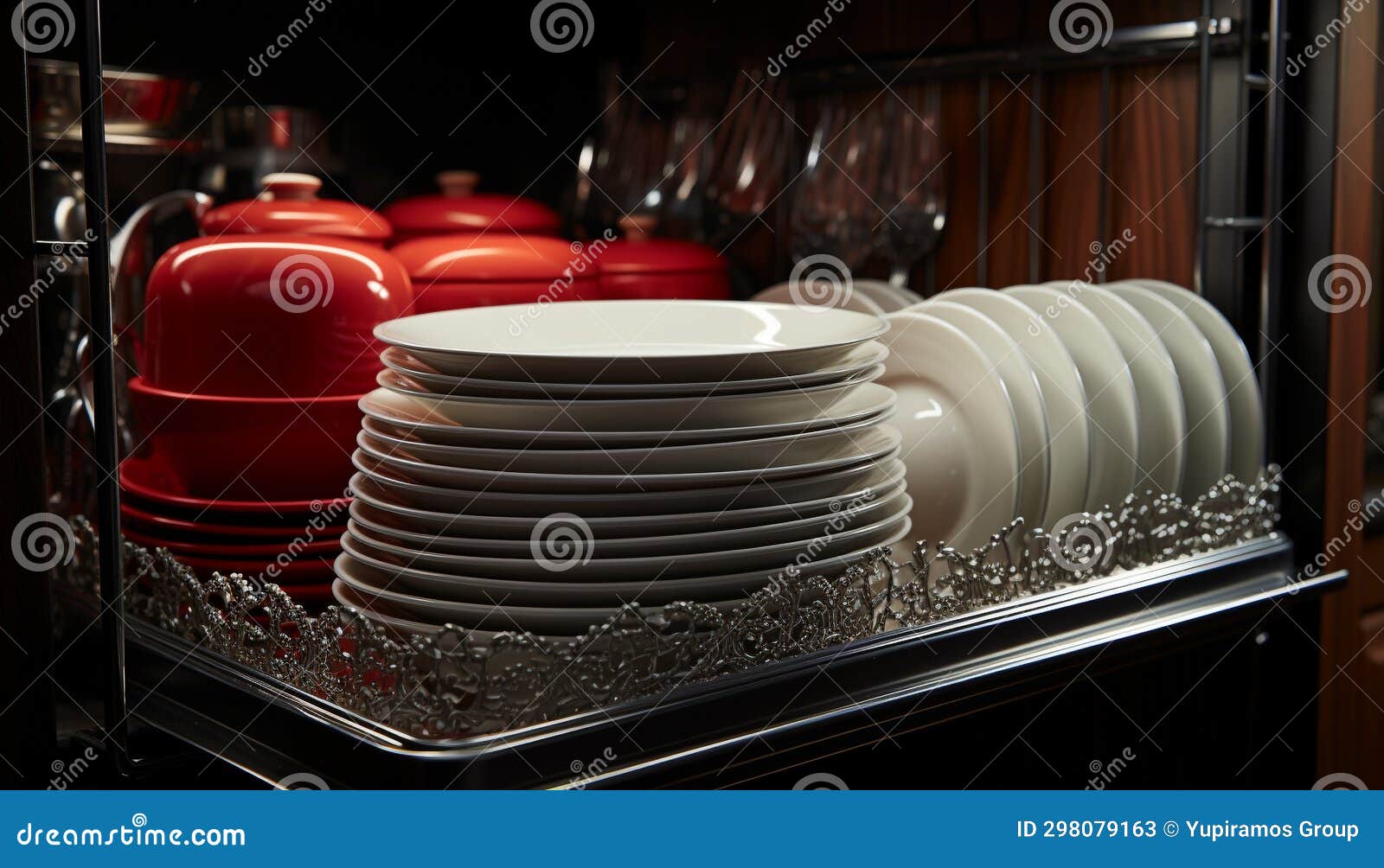 Clean Crockery Stack on Kitchen Shelf, Ready for Service Generated by ...