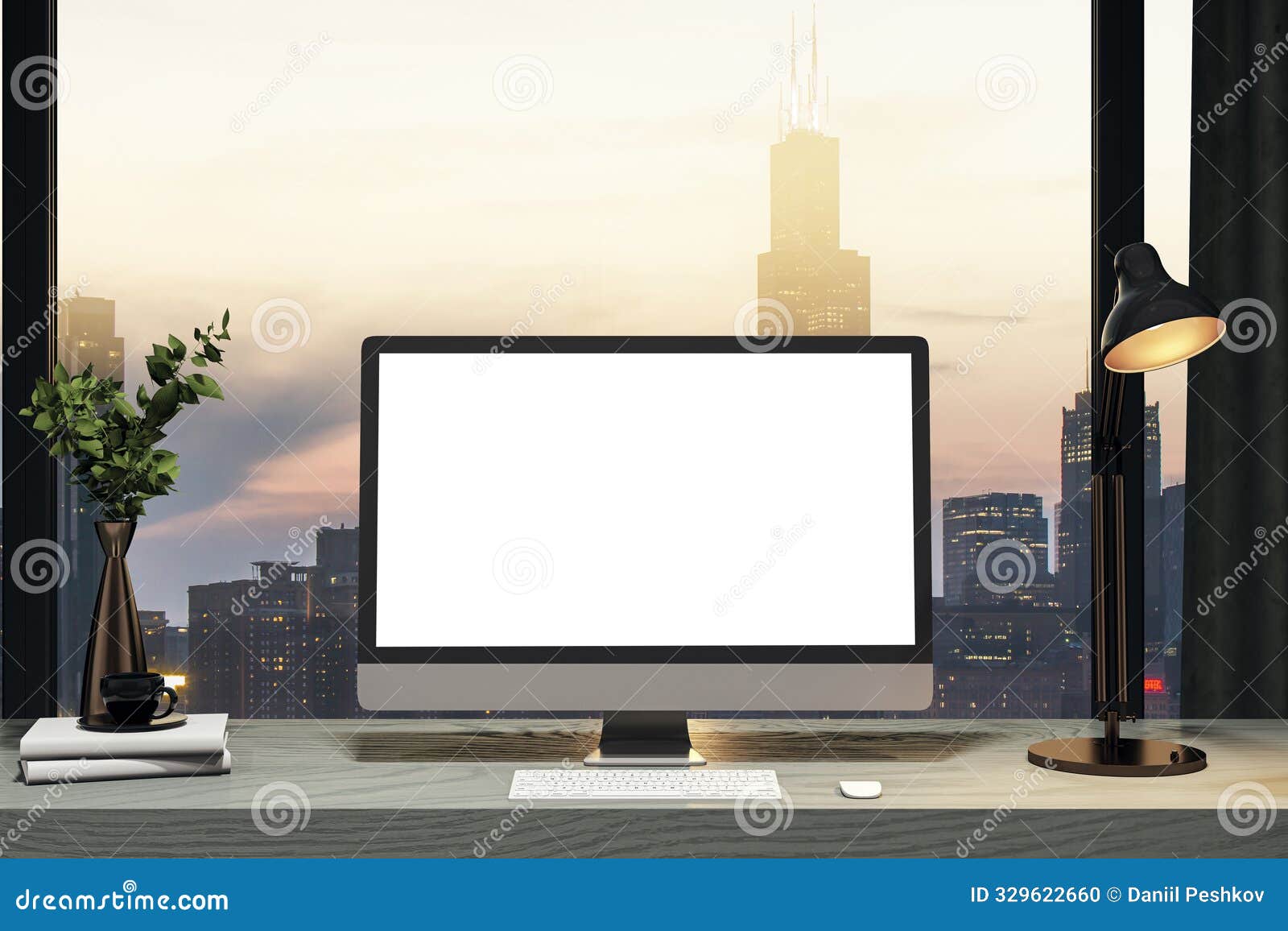 Clean Designer Office Interior with Empty White Mock Up Computer Screen ...