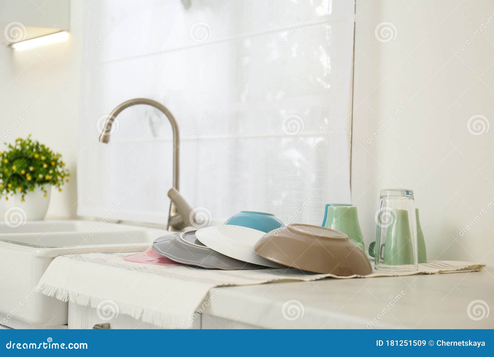 Dishes Drying on Counter in Kitchen Stock Image - Image of domestic ...