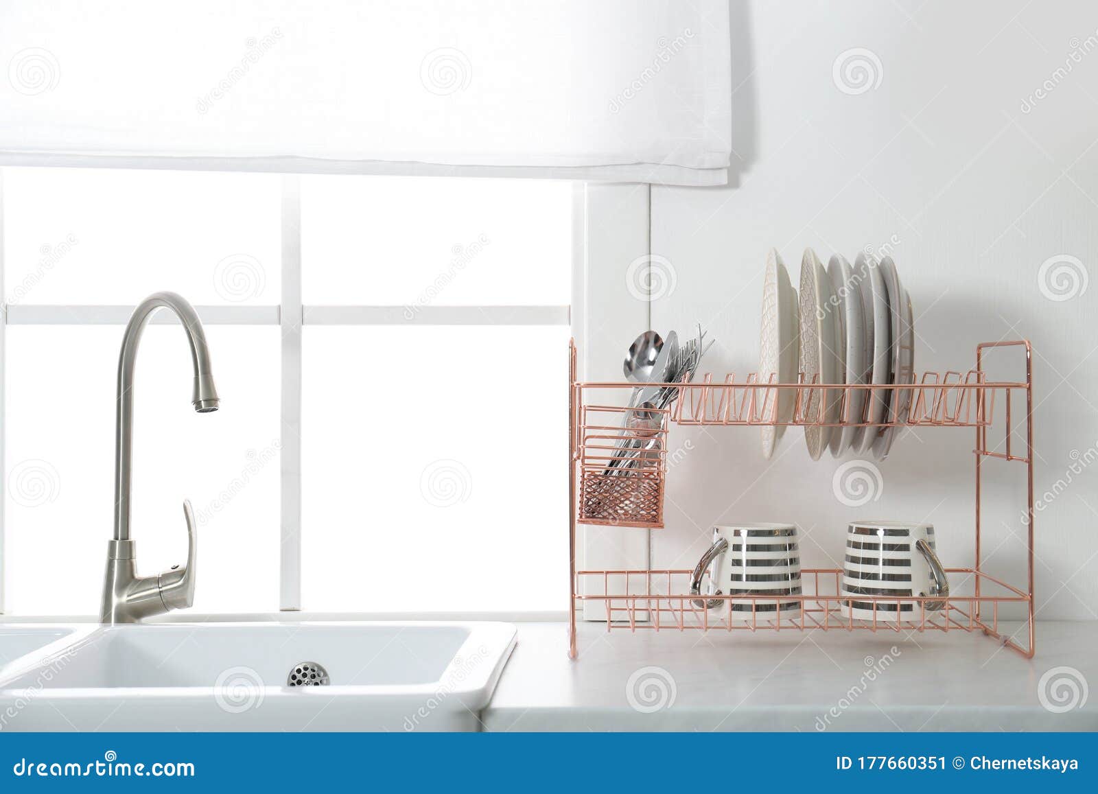 Clean Dishes on Drying Rack in Kitchen Interior Stock Image - Image of ...