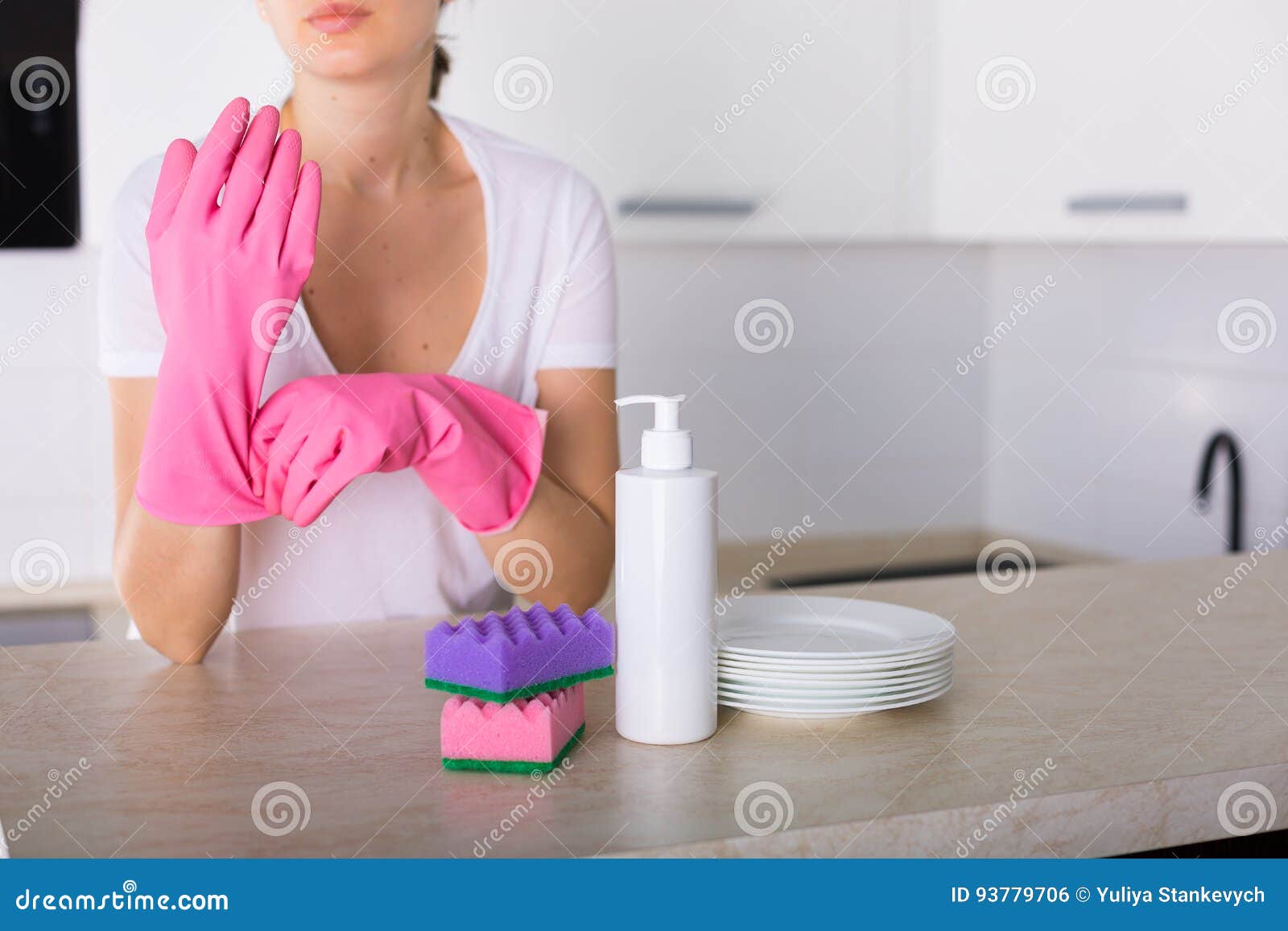 Clean Dishes in the Kitchen Stock Photo - Image of hands, rubber: 93779706