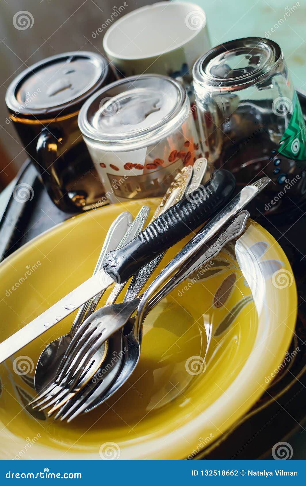 Clean Dishes on Table - Fork, Spoon and Knife Stock Photo - Image of ...