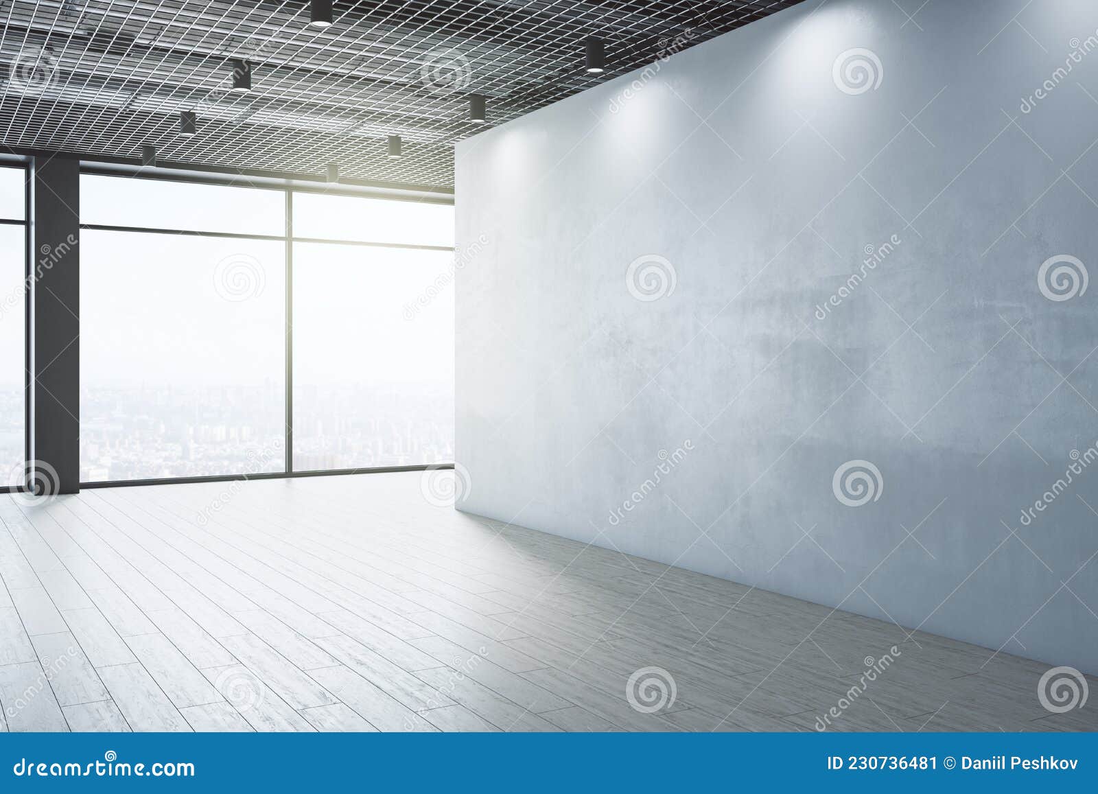 Clean Empty Interior with Blank Mock Up Place on Wall, Windows, City ...