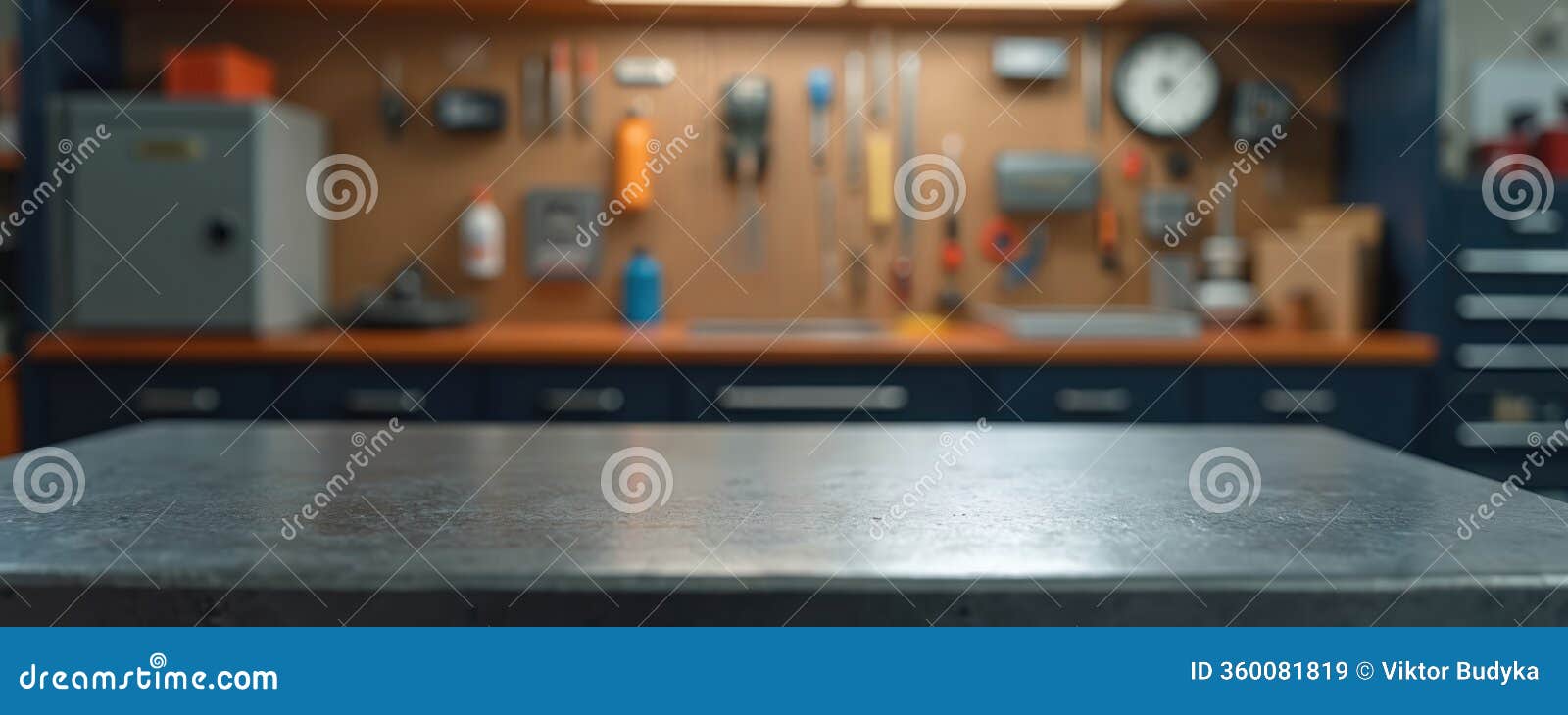 Clean Empty Metal Workbench Surface, Blurred Background of Garage ...