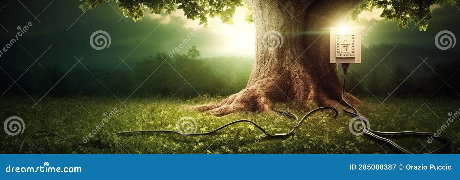 Clean Energy: Green Connection between Tree and Power Cables. Stock ...