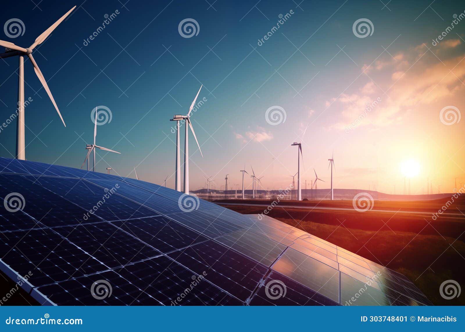 Clean Energy Landscape: Solar Panes Grid and Windmill Wind Turbines ...