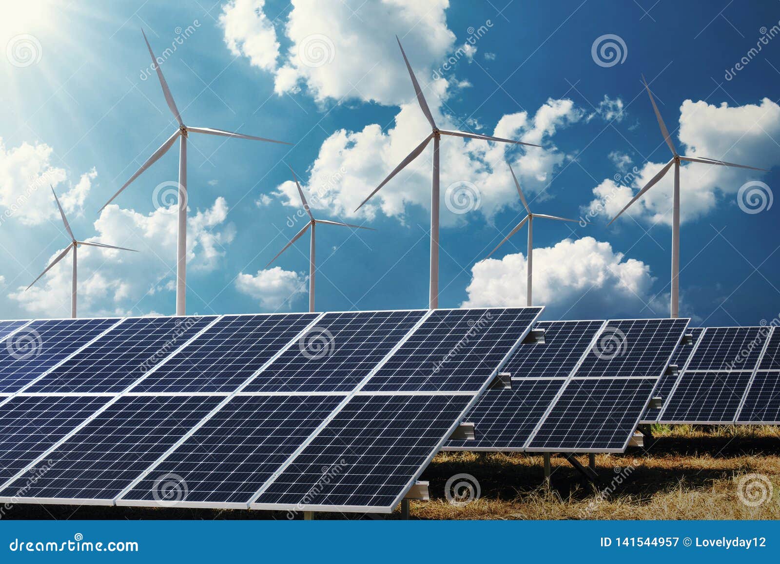 Clean Energy Power Concept Solar Panel with Wind Turbine and Blue Sky ...