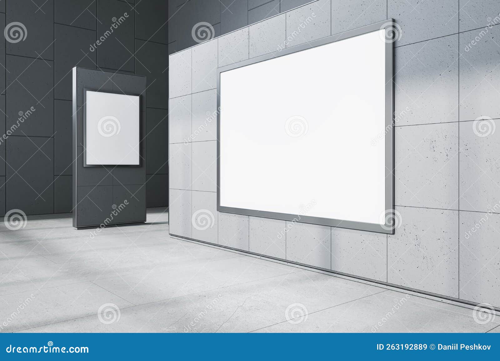 Clean Gallery Interior with Empty White Mock Up Posters on Concrete ...