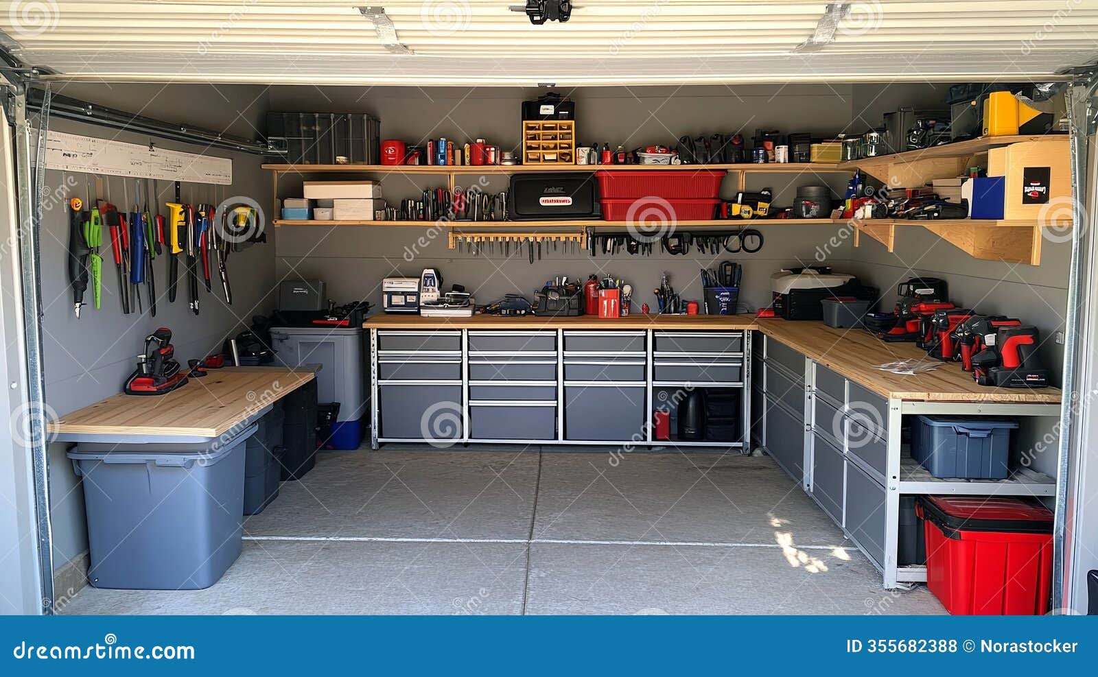 A Clean Garage with a Workbench and Labeled Bins for Tools and Stock ...