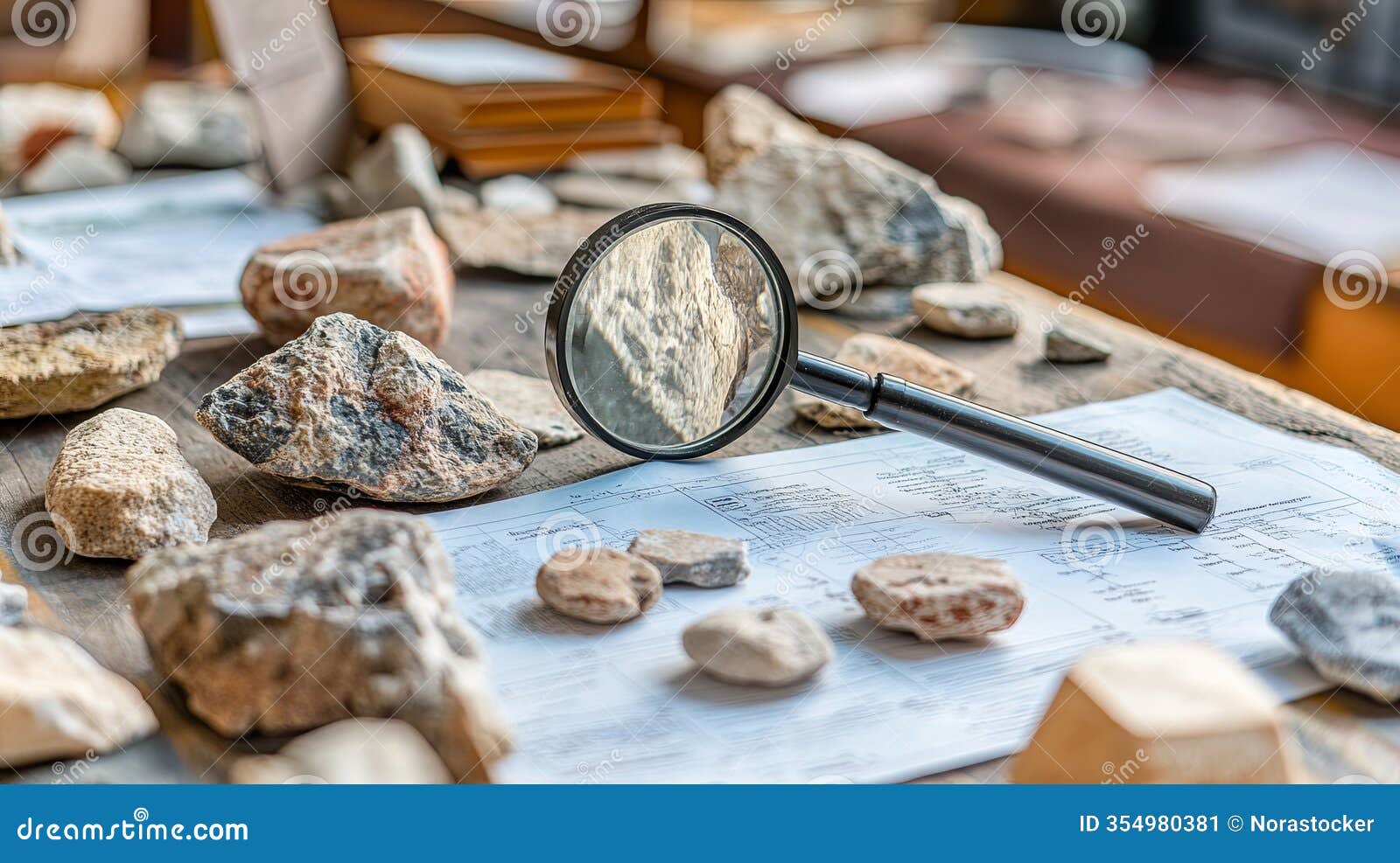 A Clean Geology Class Display with Rock Samples, a Magnifying Glass ...