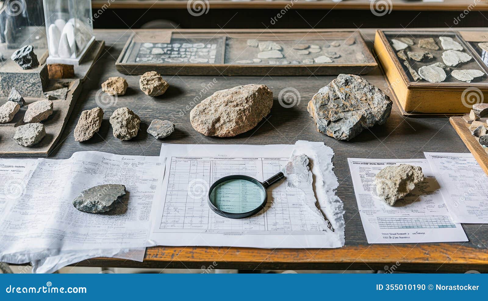 A Clean Geology Class Display with Rock Samples, a Magnifying Glass ...