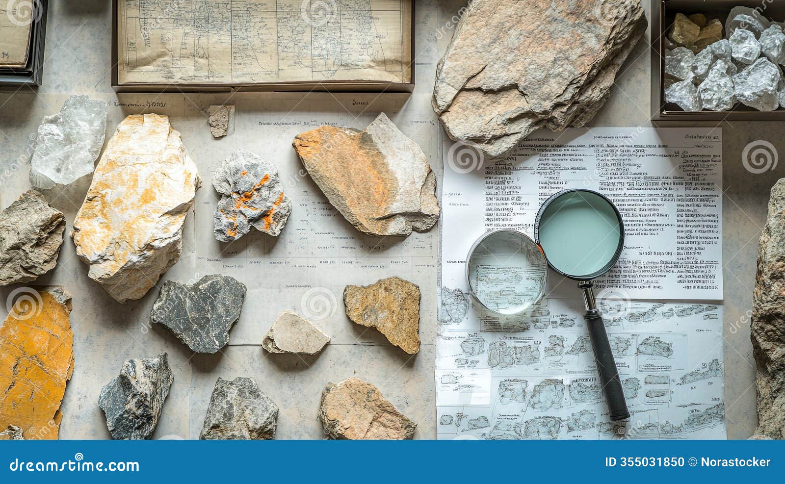 A Clean Geology Class Display with Rock Samples, a Magnifying Glass ...