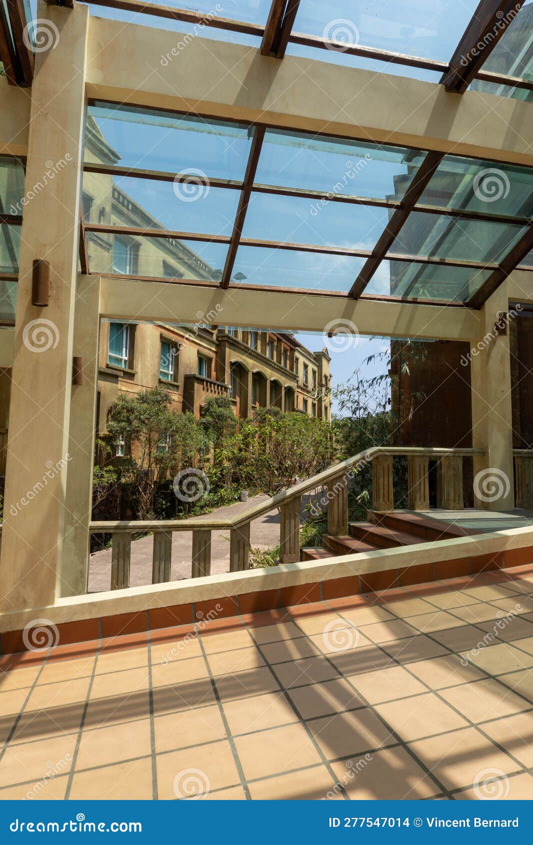 Clean Glassed Roof with a Wood Structure Over a Hallway Stock Photo ...