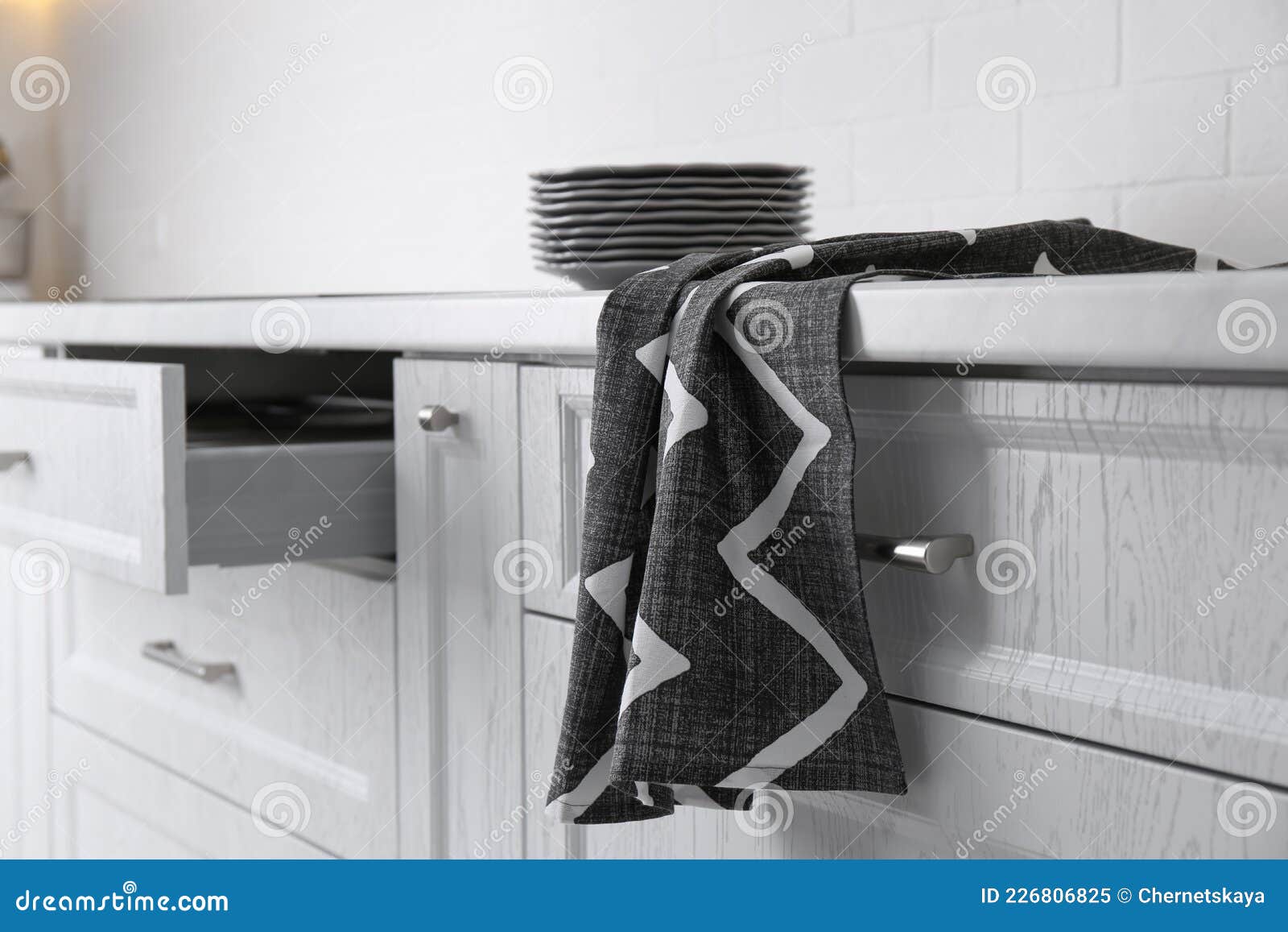 Clean Grey Towel Hanging on Kitchen Counter Stock Image - Image of ...