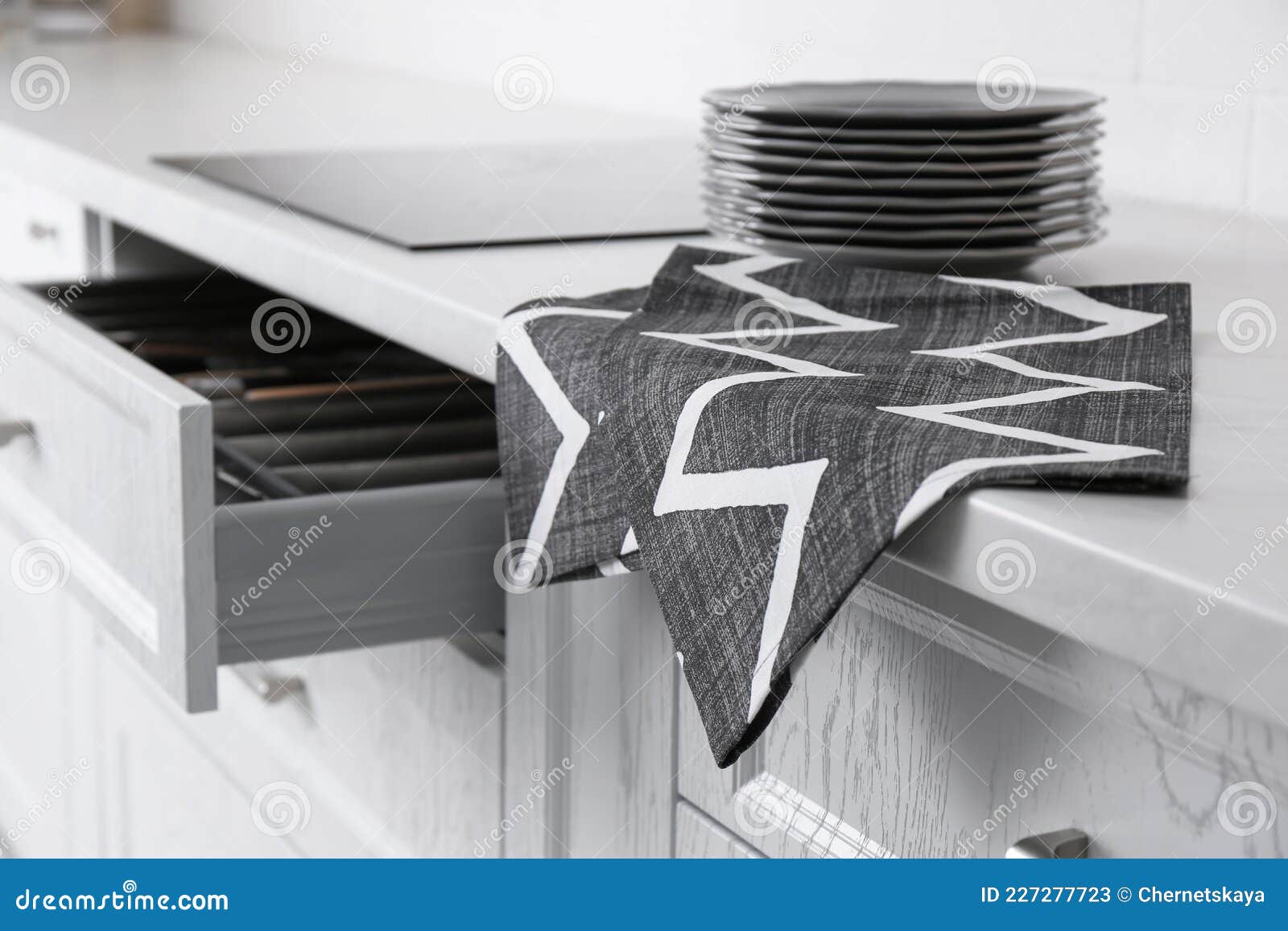 Clean Grey Towel Hanging on Kitchen Counter Stock Image - Image of ...