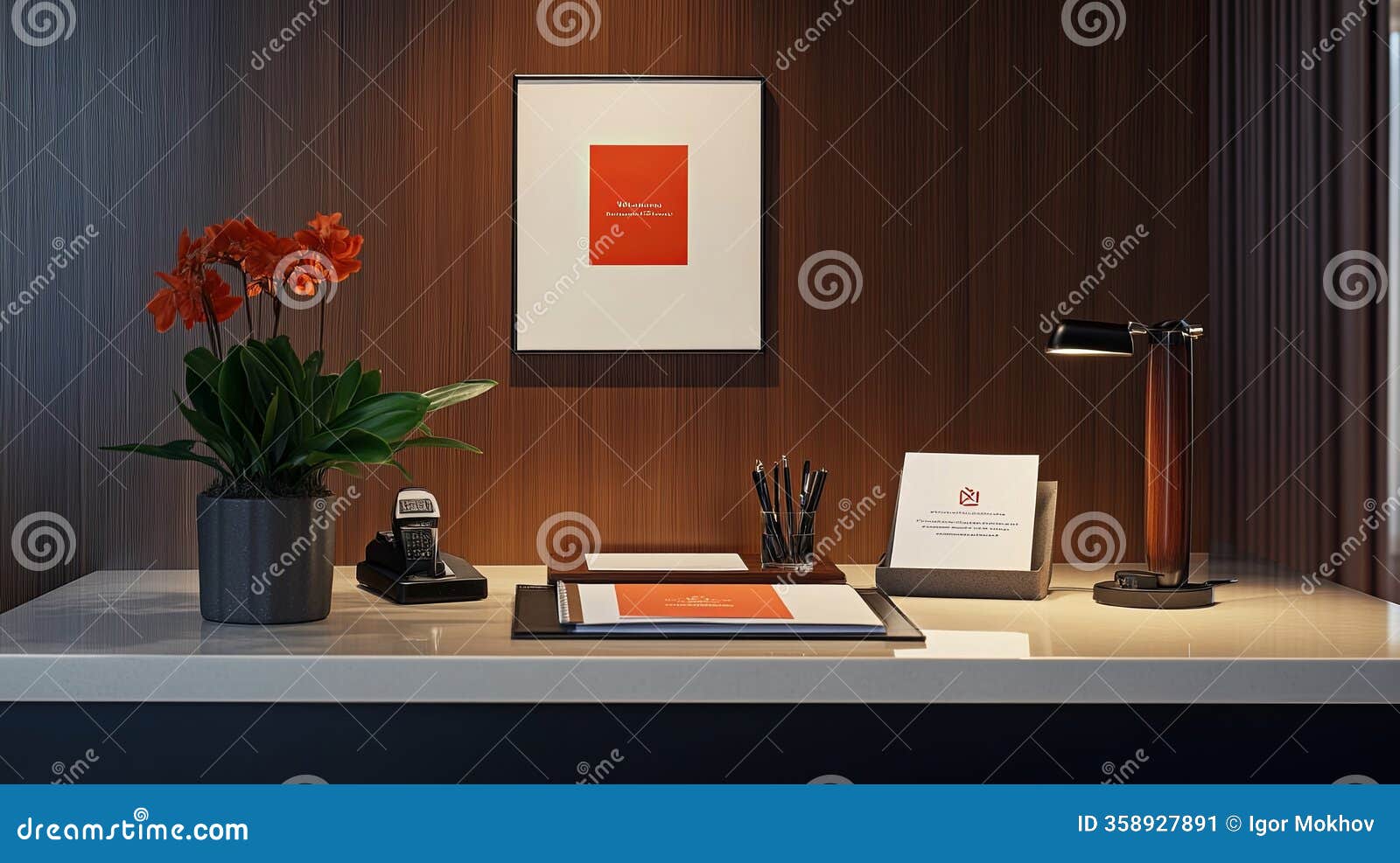A Clean Hotel Desk Setup with a Notepad, Pen, and a Welcome Card on a ...