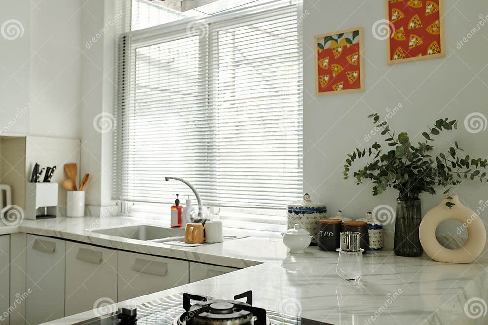 Clean Kitchen Counter with Sink Stock Photo - Image of house, cooker ...