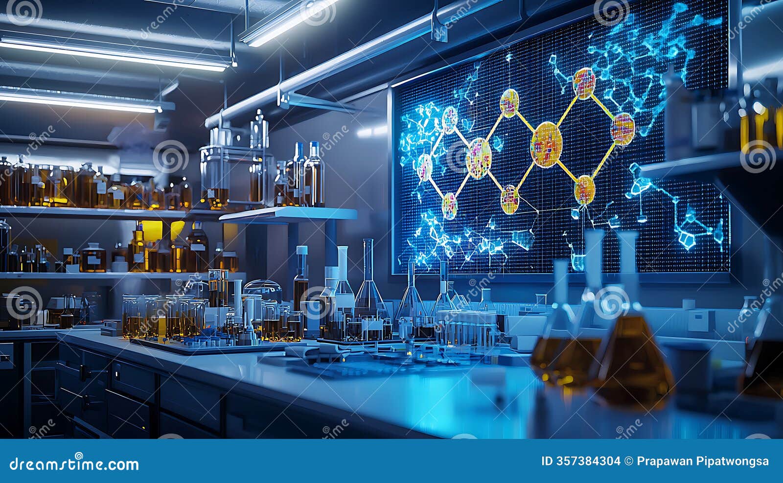 Clean Laboratory with Colorful Molecular Structures Displayed Screen ...