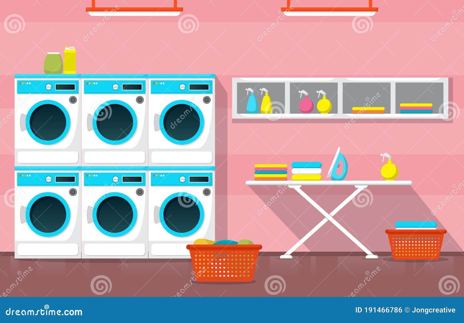 Clean Laundromat Washing Machine Laundry Tools Modern Interior Cartoon ...
