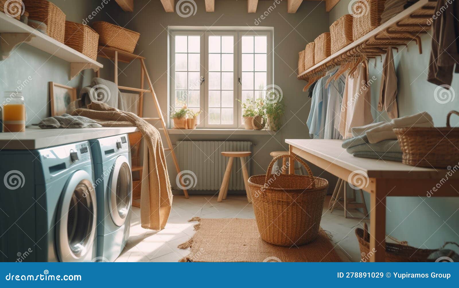 Clean Laundry Basket on Modern Wood Shelf in Comfortable Apartment ...