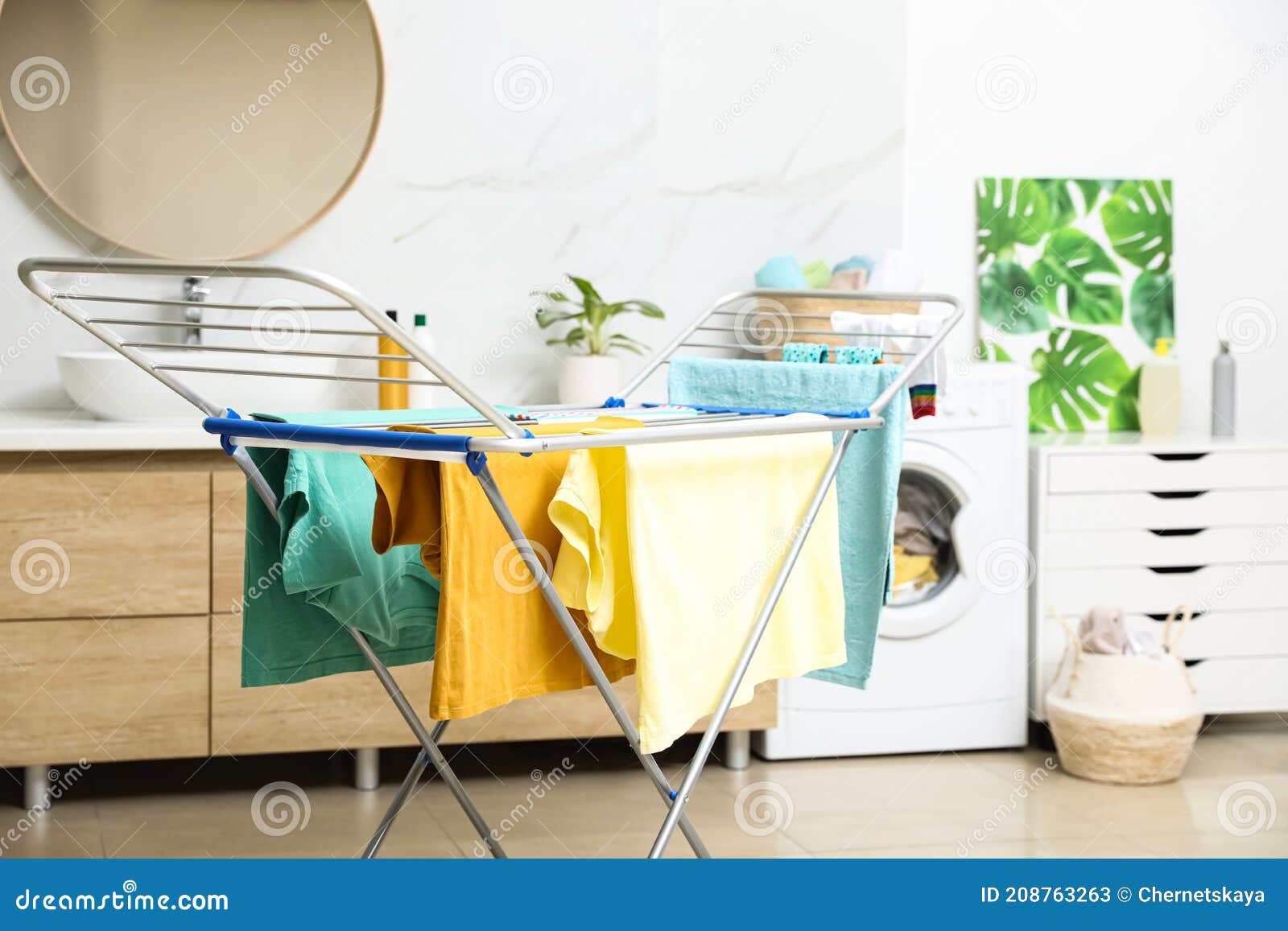 Clean Laundry Hanging on Drying Rack in Bathroom Stock Image - Image of ...
