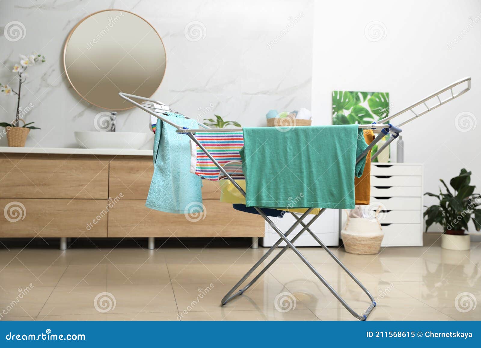 Clean Laundry Hanging on Drying Rack in Bathroom Stock Image - Image of ...