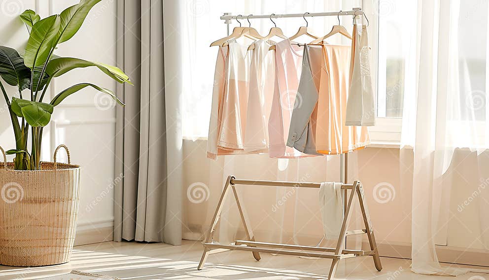 Clean Laundry Hanging on Drying Rack Indoors Stock Image - Image of ...