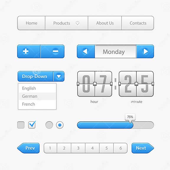 Clean Light Blue User Interface Controls. Web Elements. Website, Software UI: Buttons, Switchers ...